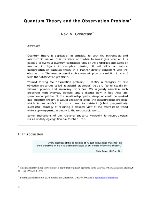 (PDF) Quantum theory and the observation problem