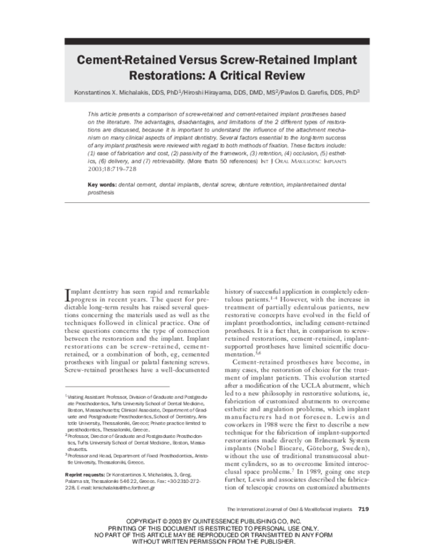 (PDF) Cement-retained versus screw-retained implant restorations: a critical review