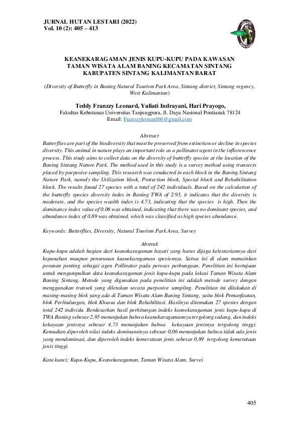 (PDF) Keanekaragaman Jenis Kupu-Kupu Pada Kawasan Taman Wisata Alam Baning Kecamatan Sintang ...