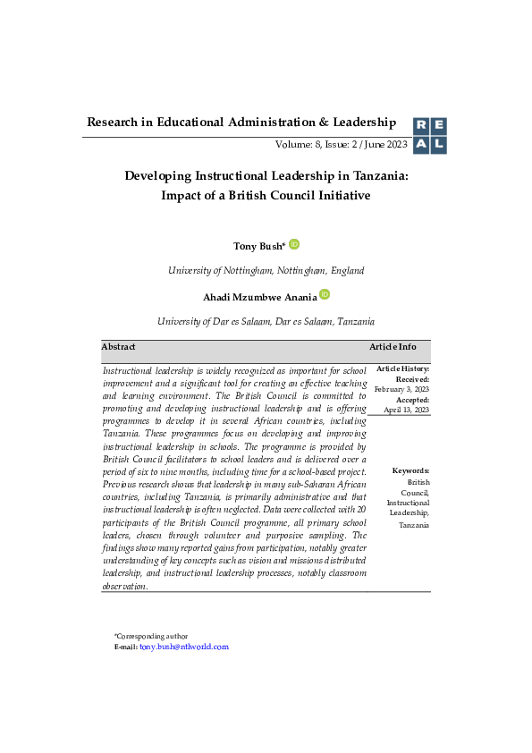 (PDF) Developing Instructional Leadership in Tanzania: Impact of a British Council Initiative
