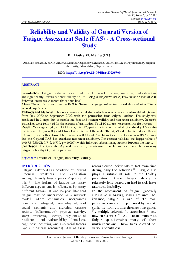 (PDF) Reliability and Validity of Gujarati Version of Fatigue Assessment Scale (FAS) -A Cross ...