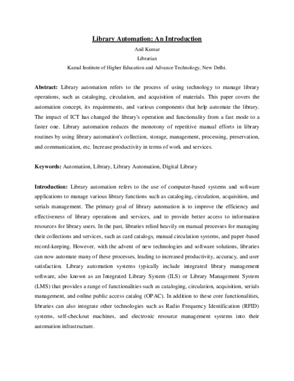 (PDF) Library Automation: An Introduction
