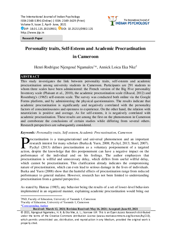 (PDF) Personality traits, Self-Esteem and Academic Procrastination in Cameroon