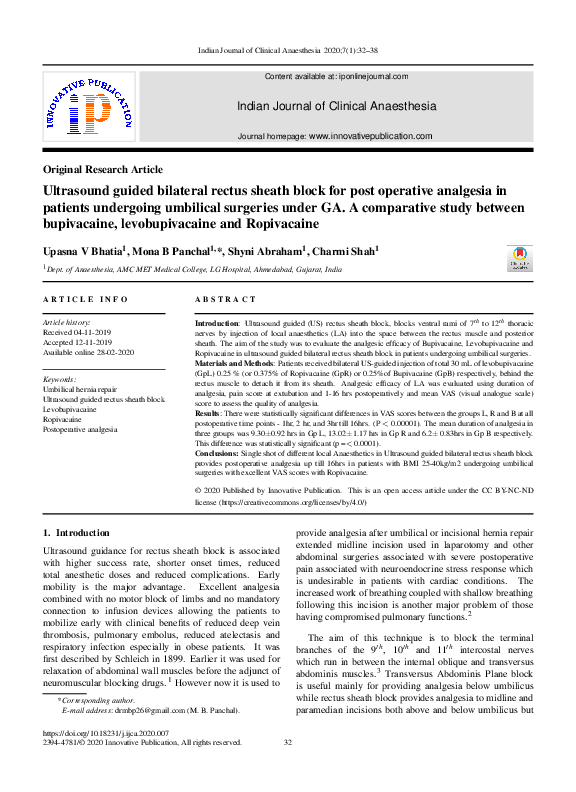 (PDF) Ultrasound guided bilateral rectus sheath block for post ...