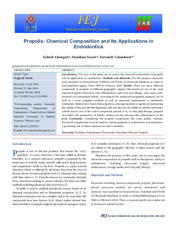 (PDF) Propolis: Chemical Composition and Its Applications in Endodontics