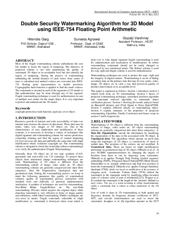 (PDF) Double Security Watermarking Algorithm for 3D Model using IEEE-754 Floating Point Arithmetic