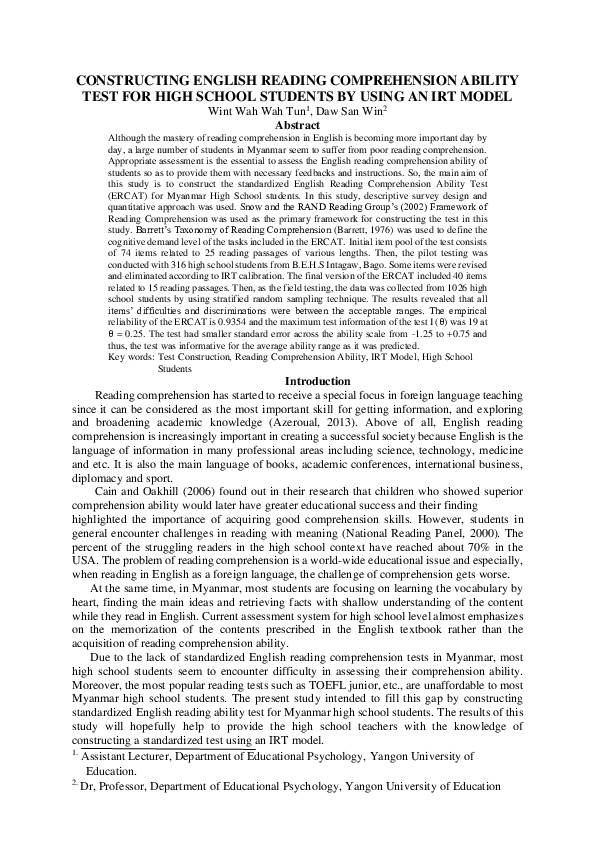 (PDF) CONSTRUCTING ENGLISH READING COMPREHENSION ABILITY TEST FOR HIGH ...