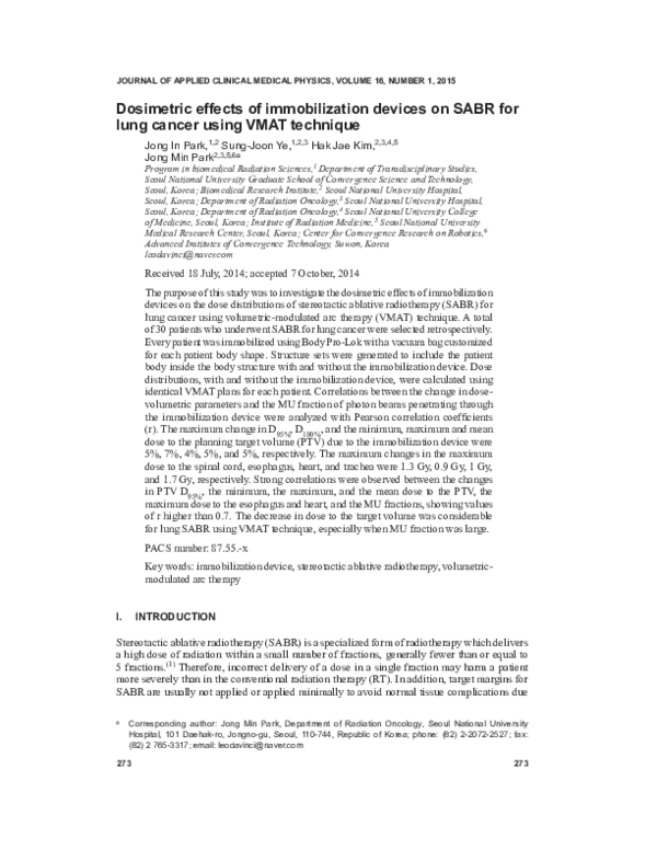 (PDF) Dosimetric effects of immobilization devices on SABR for lung ...
