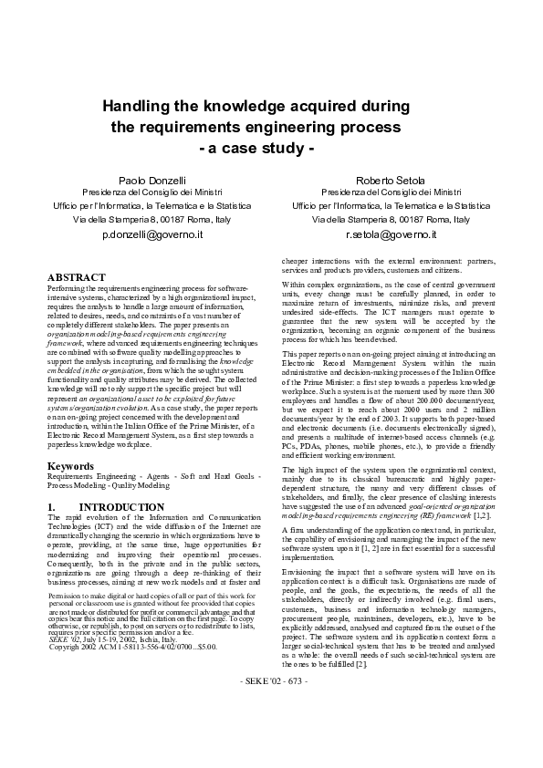 (PDF) Handling the knowledge acquired during the requirements engineering process