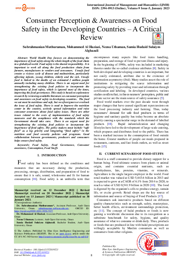 (PDF) Consumer Perception & Awareness on Food Safety in the Developing Countries – A Critical Review