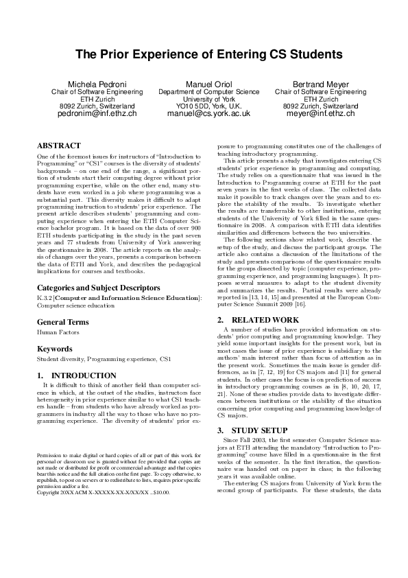 (PDF) The prior experience of entering CS students