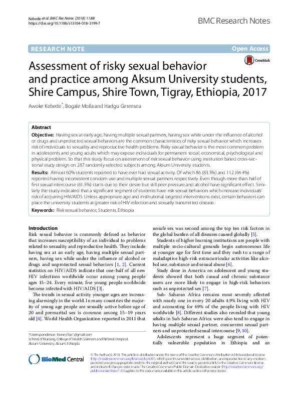 Pdf Assessment Of Risky Sexual Behavior And Practice Among Aksum