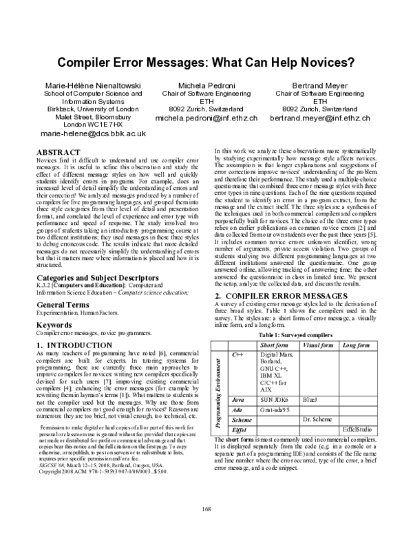 (PDF) Compiler error messages