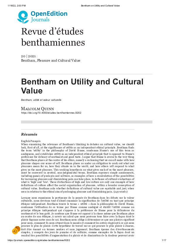 (PDF) Bentham on Utility and Cultural Value