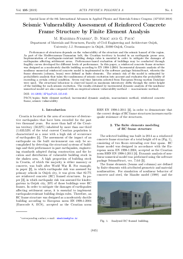 (PDF) Seismic Vulnerability Assessment of Reinforced Concrete Frame Structure by Finite Element ...