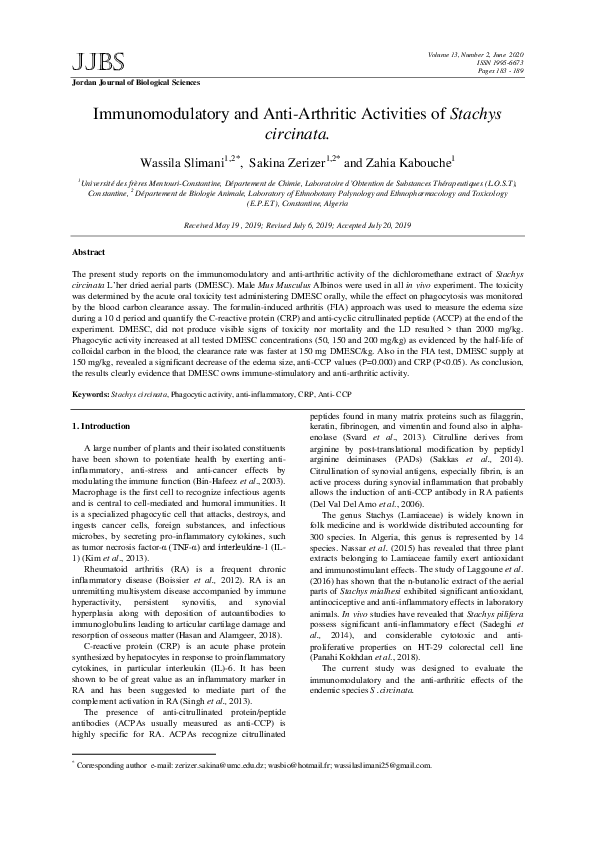 (PDF) Immunomodulatory and Anti-Arthritic Activities of Stachys circinata