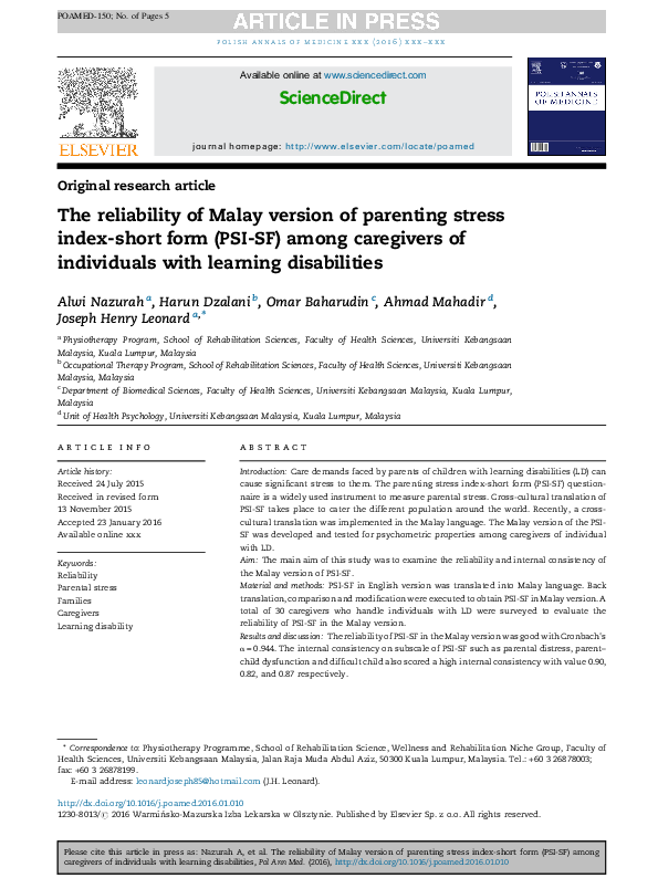 (PDF) The reliability of Malay version of parenting stress index-short ...