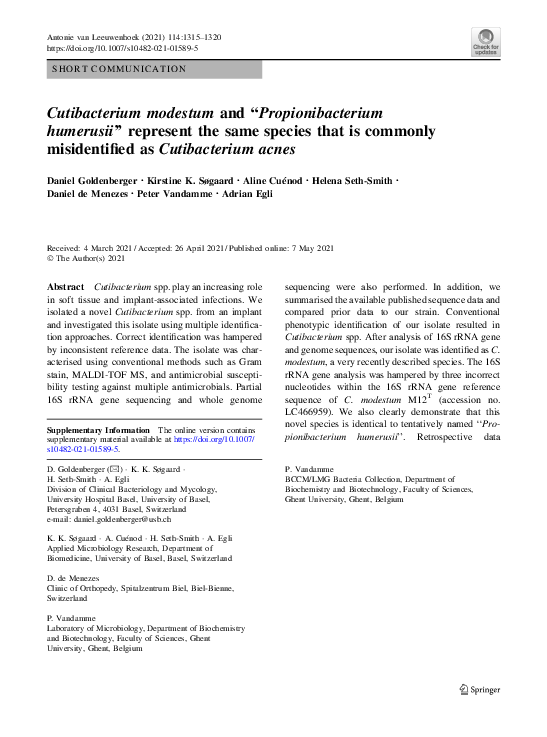 (PDF) Cutibacterium modestum and “Propionibacterium humerusii ...