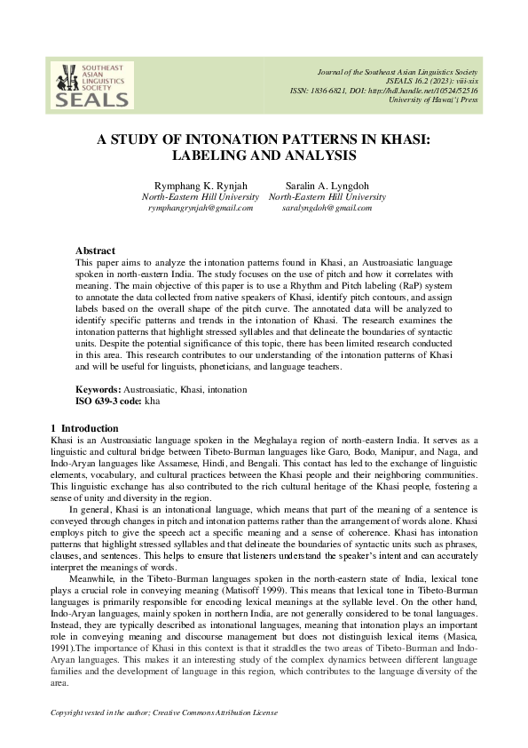 (PDF) Intonation Patterns in Khasi: Analysis and Labels
