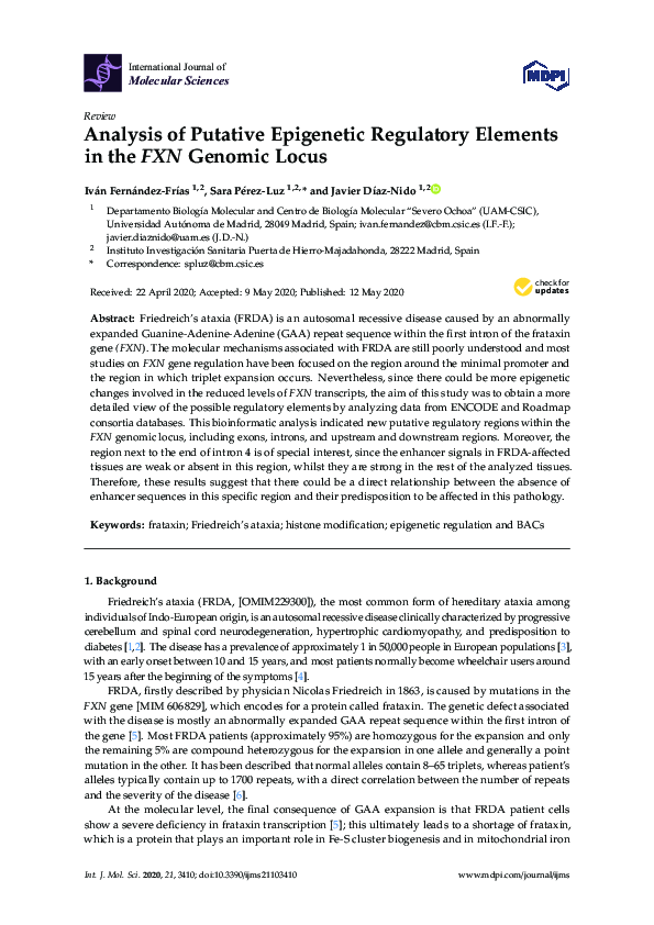 (PDF) Analysis of Putative Epigenetic Regulatory Elements in the FXN ...