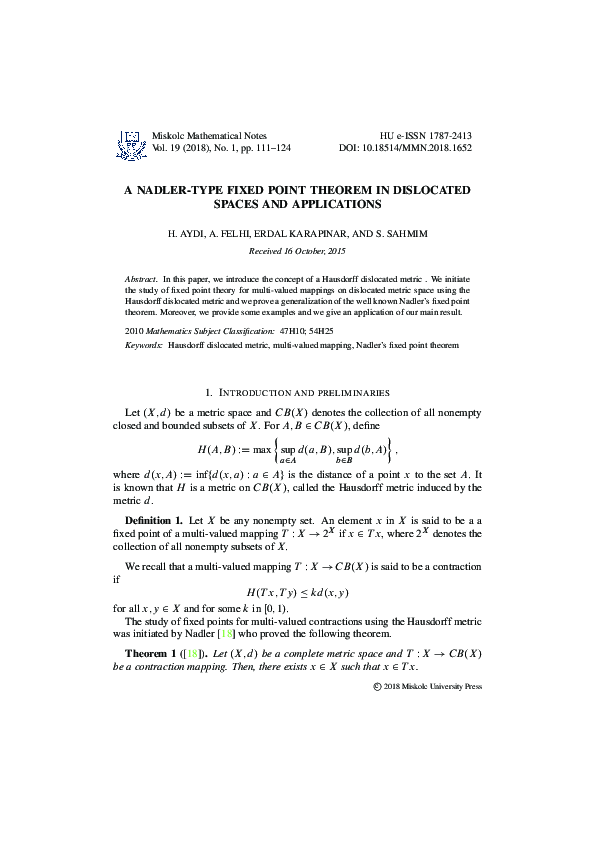 (PDF) A Nadler-type fixed point theorem in dislocated spaces and applications | abdelbasset ...