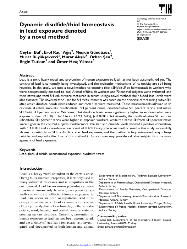 (PDF) Dynamic disulfide/thiol homeostasis in lead exposure denoted by a ...