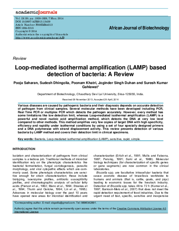 (PDF) Loop-mediated isothermal amplification (LAMP) based detection of bacteria: A Review