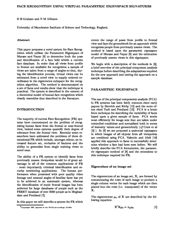 (PDF) Face recognition using virtual parametric eigenspace signatures