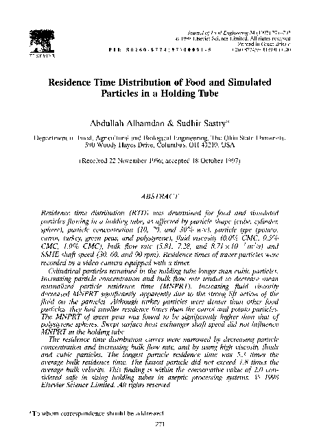 (PDF) Residence Time Distribution of Food and Simulated Particles in a Model Horizontal Swept ...