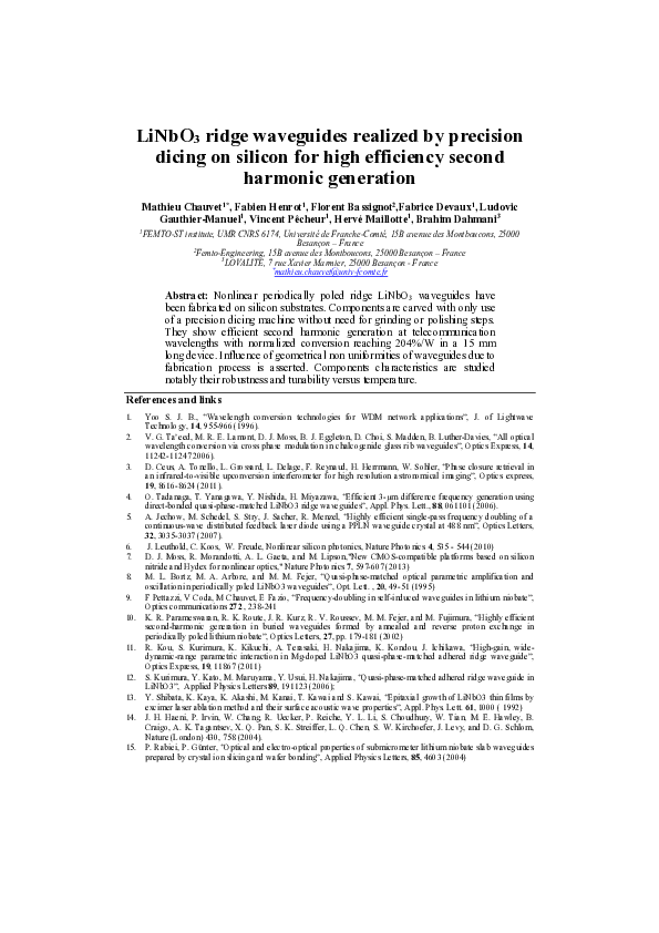 (PDF) LiNbO3 ridge waveguides realized by precision dicing on silicon for high efficiency second ...