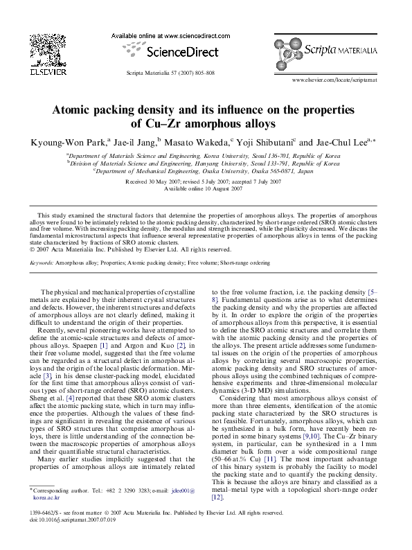 (PDF) Atomic packing density and its influence on the properties of Cu ...