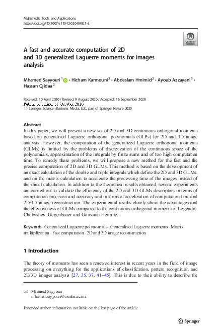 (PDF) A fast and accurate computation of 2D and 3D generalized Laguerre moments for images analysis