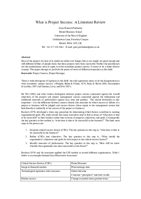 (DOC) What is Project Success: A Literature Review