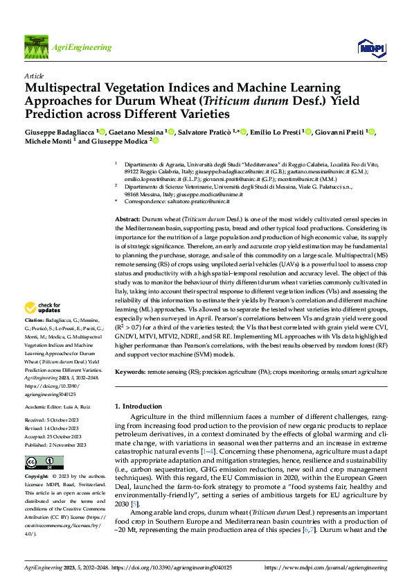 (PDF) Multispectral Vegetation Indices and Machine Learning Approaches for Durum Wheat (Triticum ...