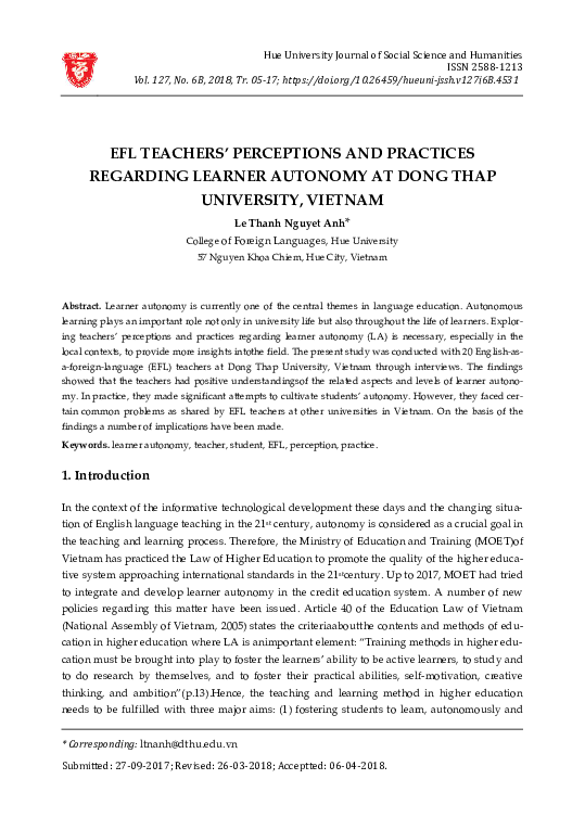 (PDF) Investigating Efl Teachers’ Perceptions and Practices Regarding Learner Autonomy at Dong ...