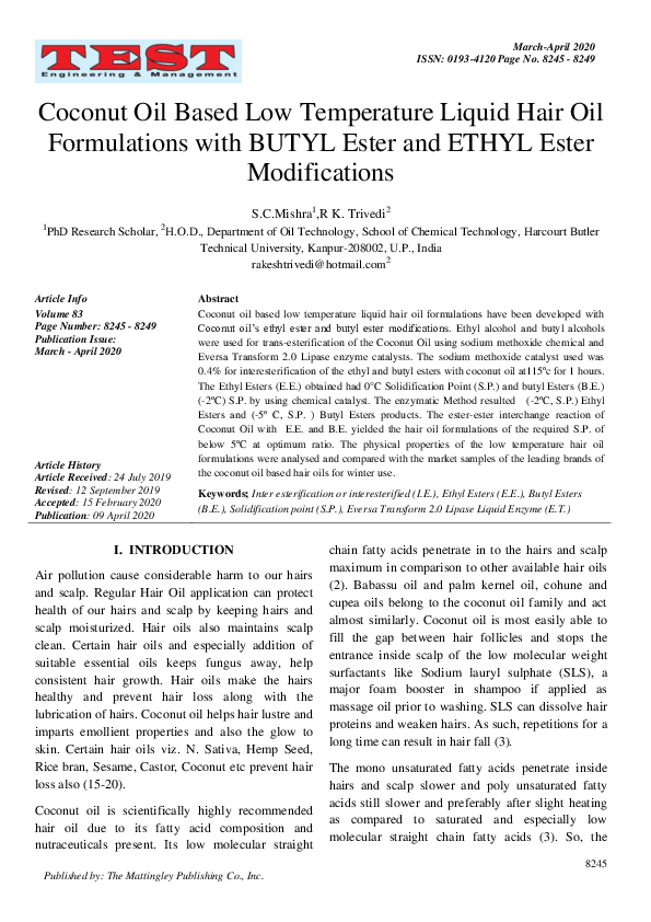 (PDF) Coconut Oil Based Low Temperature Liquid Hair Oil Formulations ...