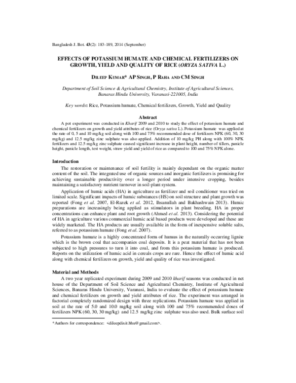 (PDF) Effects of potassium humate and chemical fertilizers on growth ...