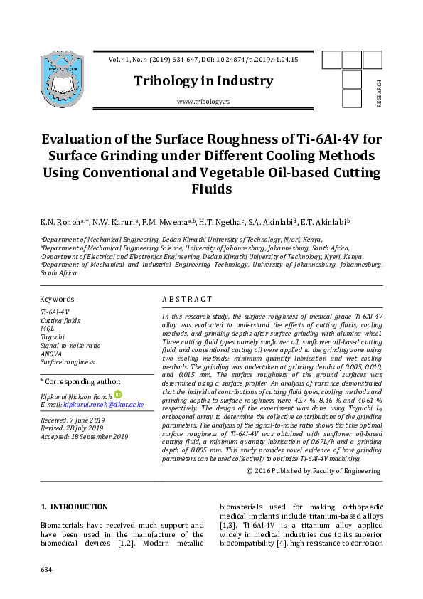 (PDF) Evaluation of the Surface Roughness of Ti-6Al-4V for Surface Grinding under Different ...