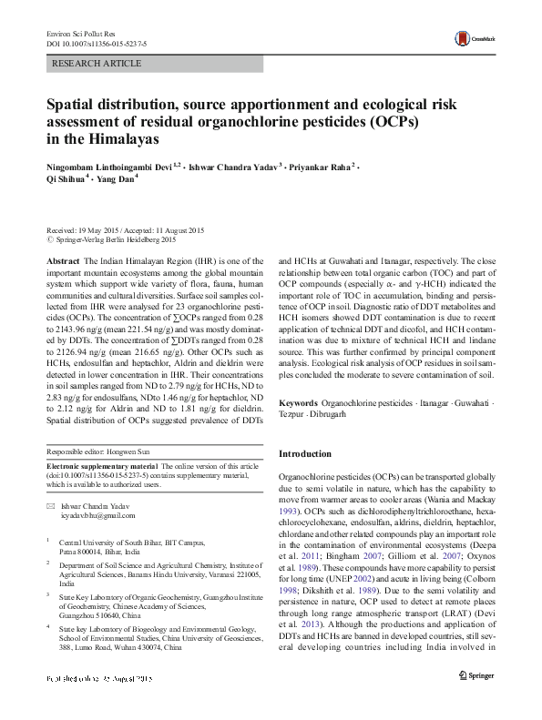Pdf Spatial Distribution Source Apportionment And Ecological Risk