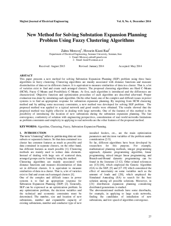 Pdf New Method For Solving Substation Expansion Planning Problem Using Fuzzy Clustering Algorithms