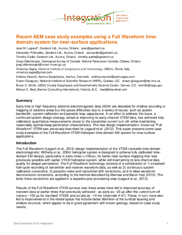 (PDF) Recent Aem Case Study Examples Using a Full Waveform Time-Domain System for Near-Surface ...