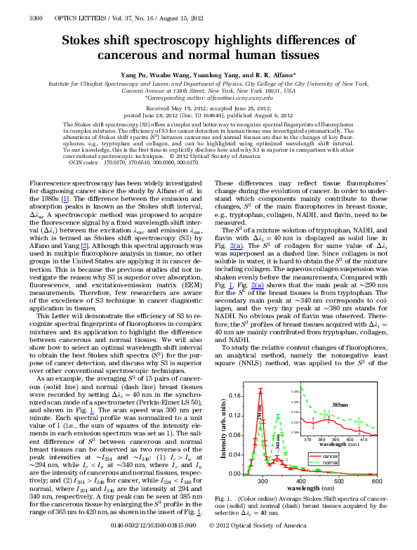 (PDF) Stokes shift spectroscopy highlights differences of cancerous and normal human tissues