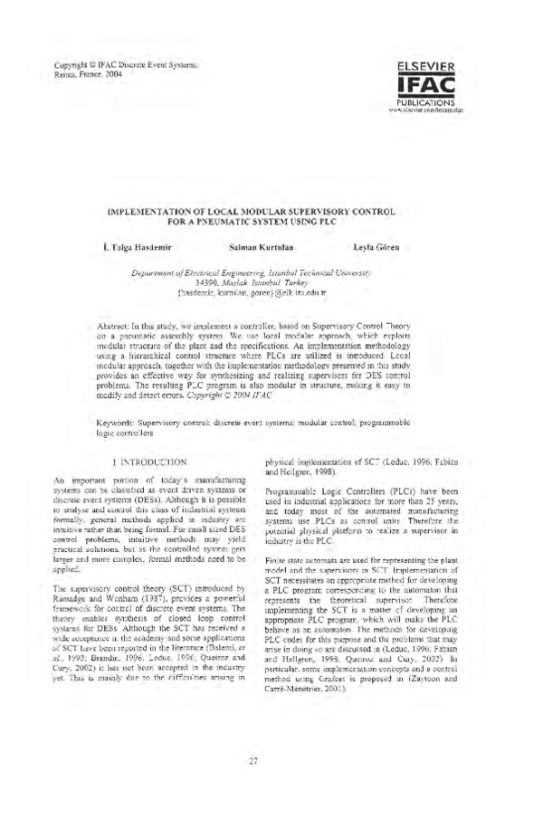 (PDF) Implementation of local modular supervisory control for a pneumatic system using PLC