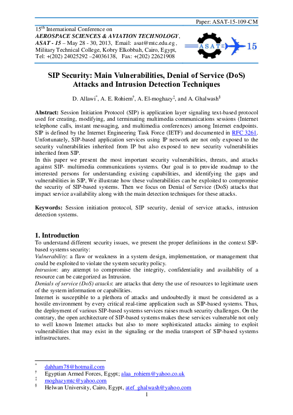 (PDF) SIP Security: Main Vulnerabilities, Denial of Service (DoS) Attacks and Intrusion ...