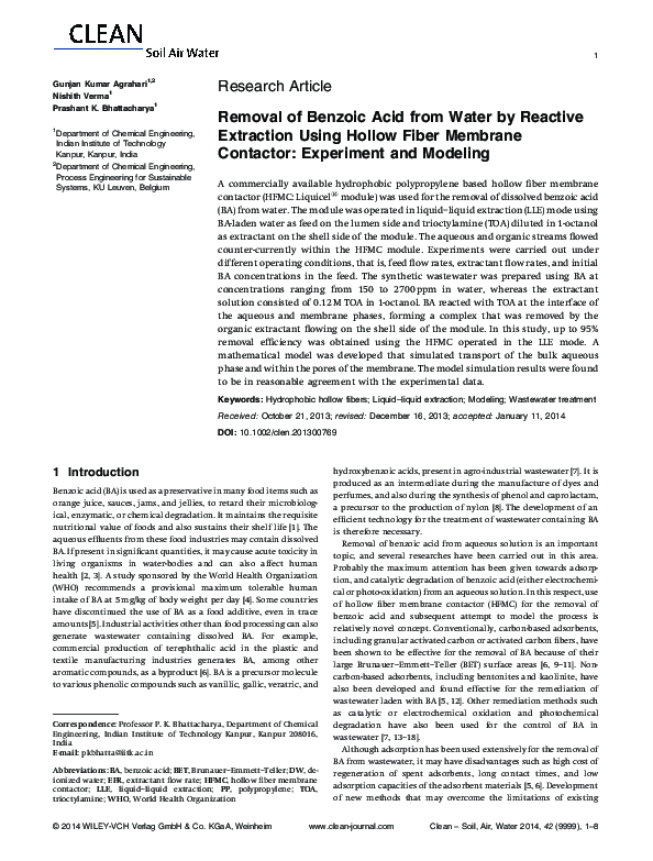 (PDF) Removal of Benzoic Acid from Water by Reactive Extraction Using ...