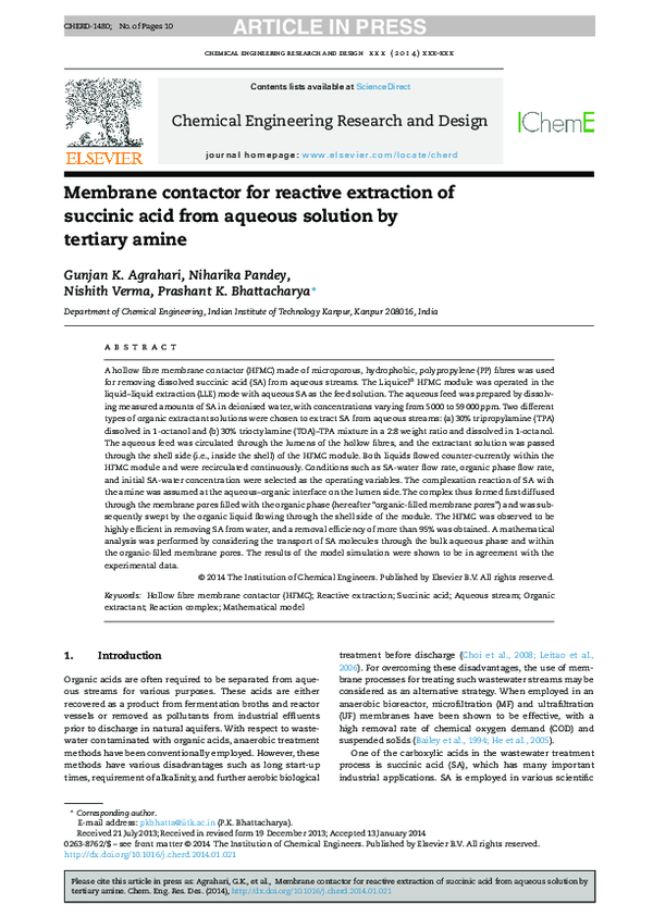 (PDF) Membrane contactor for reactive extraction of succinic acid from ...