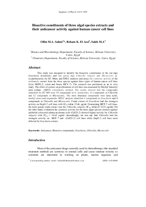 (PDF) Bioactive constituents of three algal species extracts and their ...