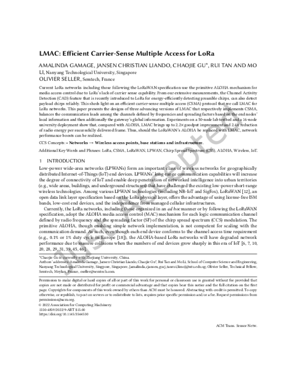 (PDF) LMAC: Efficient Carrier-Sense Multiple Access for LoRa | Olivier Seller - Academia.edu