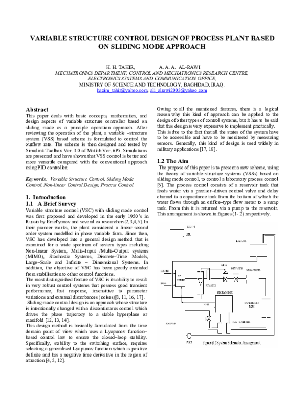 (PDF) Variable Structure Control Design of Process Plant Based on Sliding Mode Approach