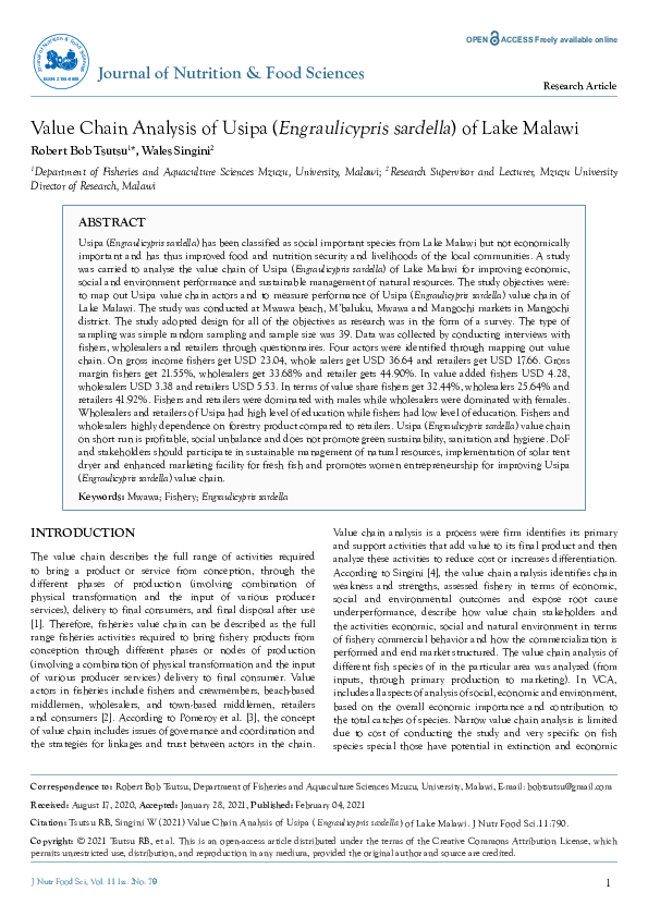 (PDF) Value Chain Analysis of Usipa (Engraulicypris sardella) of Lake ...